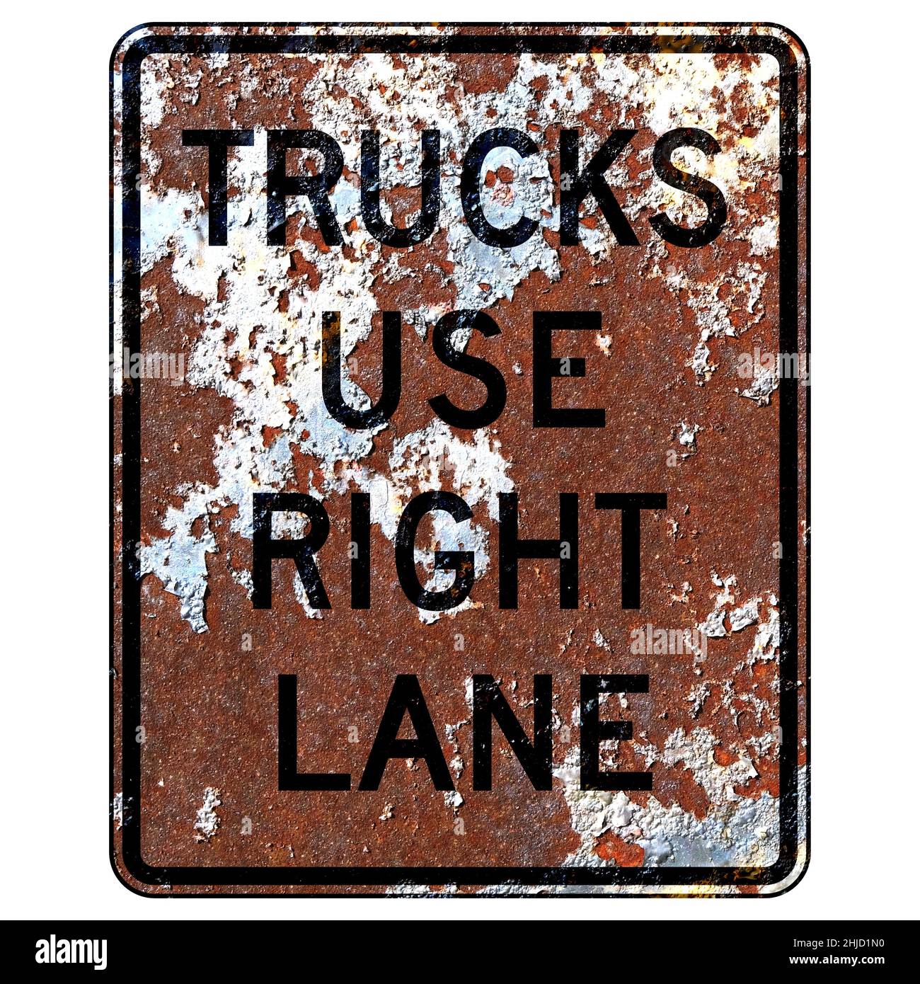 Old rusty American road sign - Trucks use right Lane Stock Photo - Alamy
