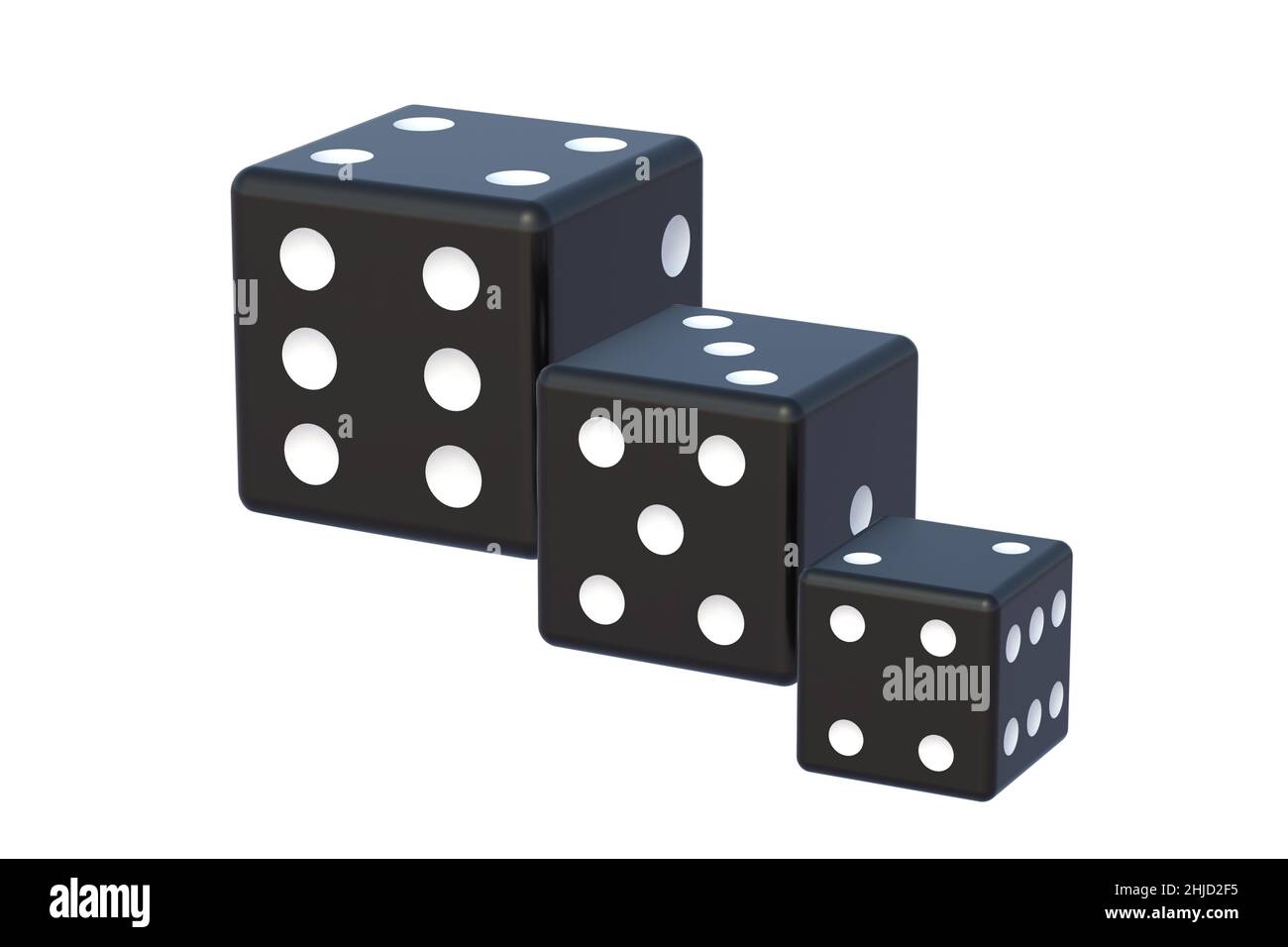 Black dice from small to large isolated on white background. 3d render ...