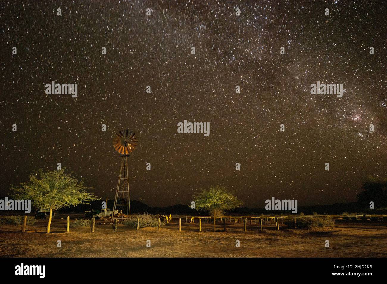Starry night with water pump, Solitaire, Namibia Stock Photo - Alamy