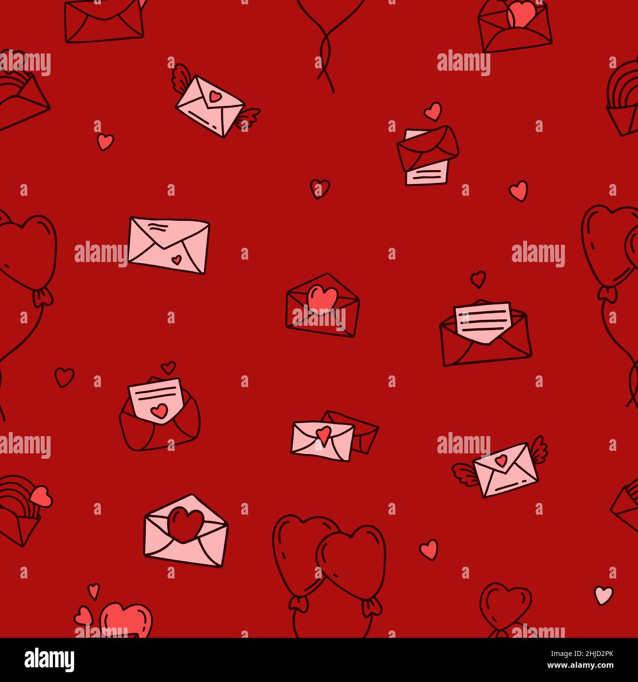 Seamless pattern with love envelopes, letters, hearts, wings, rainbows ...