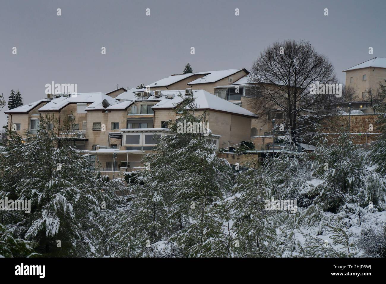 morning dawns over the snow covered rooftops and trees of Mevasseret ...
