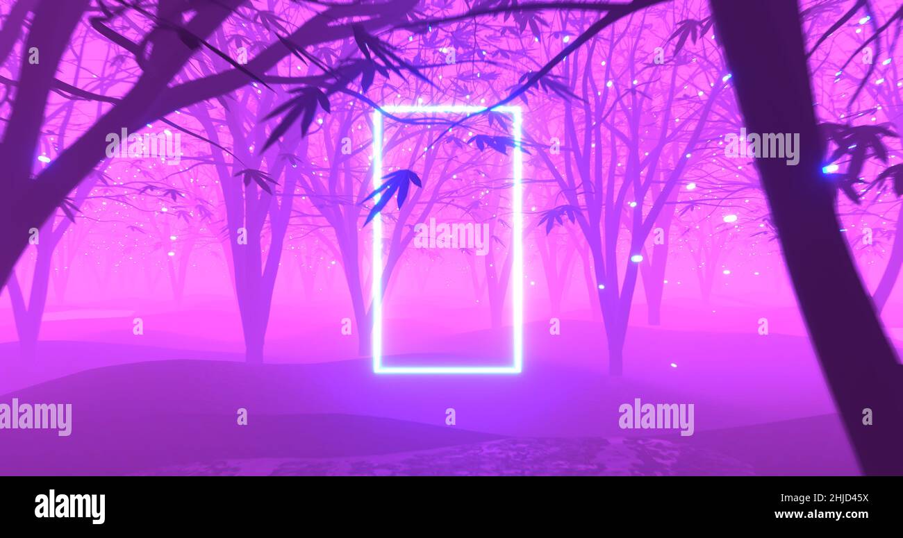 Glowing neon frame in forest. Fluorescent light portal in darkness for ...