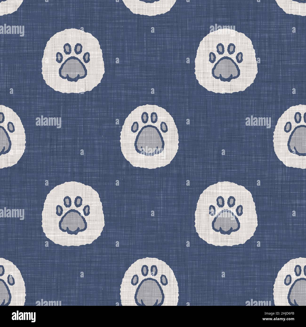Farmhouse blue paw print linen seamless pattern. Tonal french country ...