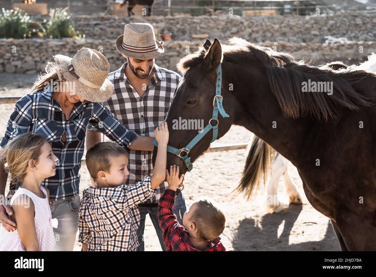 Happy family having fun in horses ranch Stock Photo - Alamy
