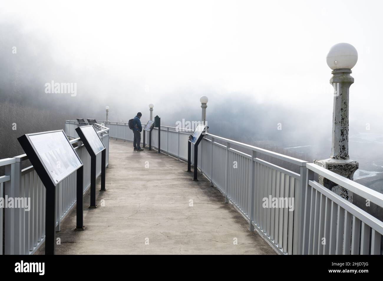 A visitor reads interpretive signage at the Glines Canyon Dam Overlook ...