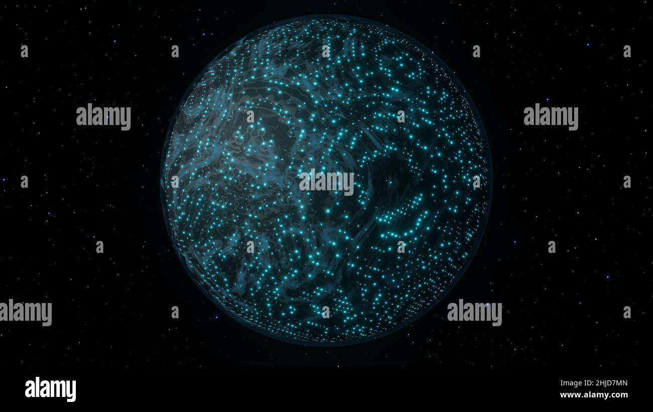 3D Render. Abstract futuristic cyber planet. World wide web. Digital ...