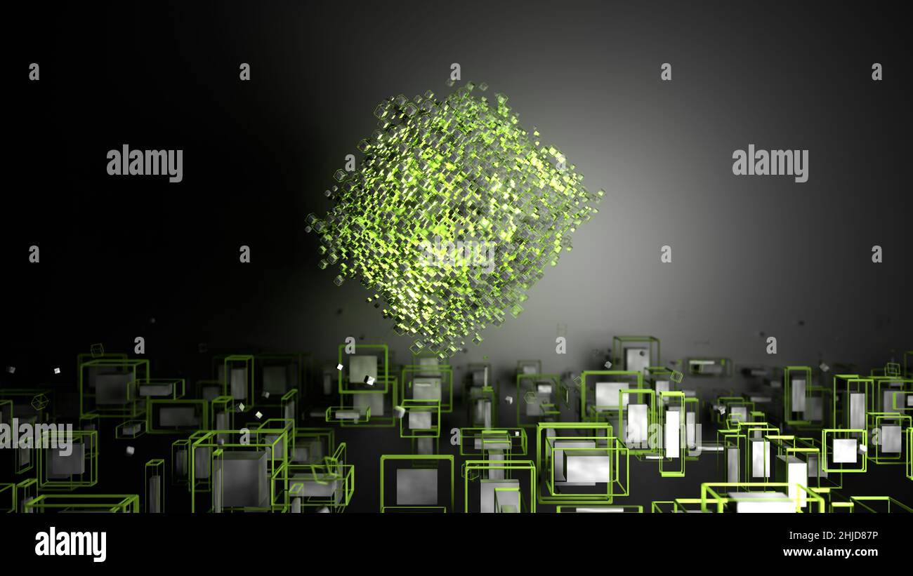 3D Render. Abstract goldes geometric shapes. Cubes form big cube ...