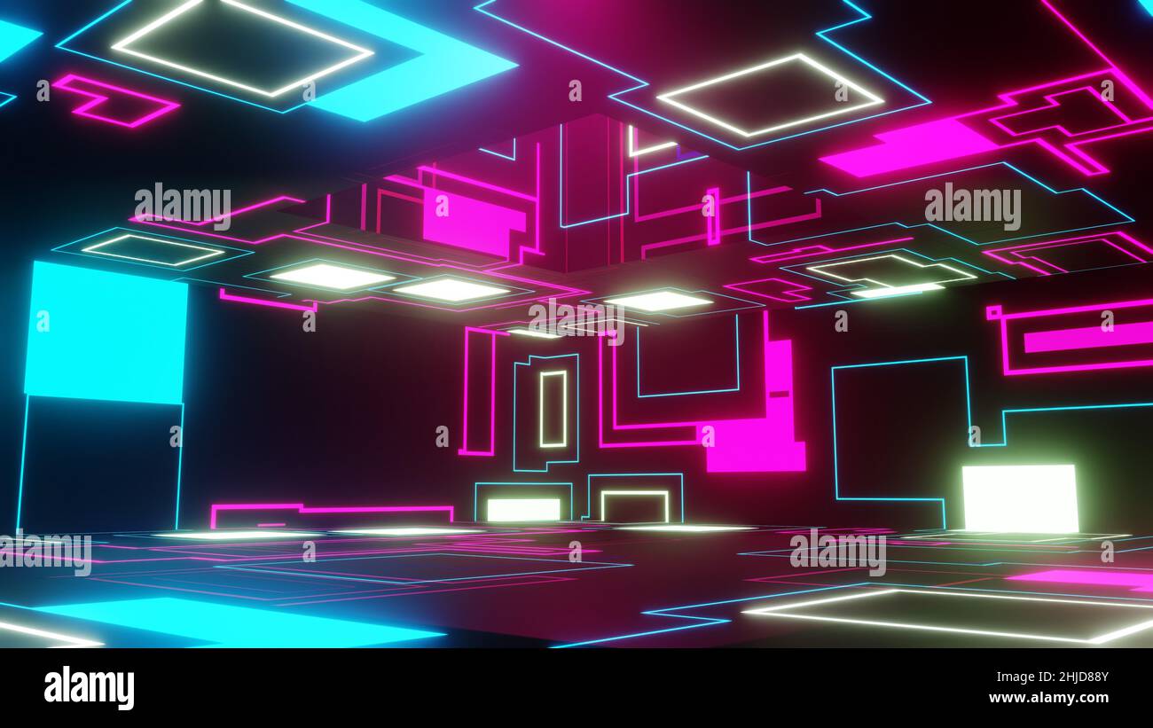 3D Render. Abstract interior sci-fi spaceship corridor with blue neon ...