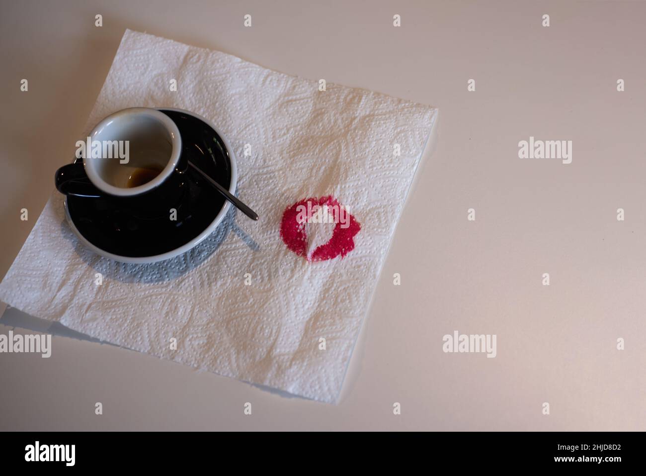 Woman say goodbye, coffee and lips lips imprint. Bye bye concept Stock ...