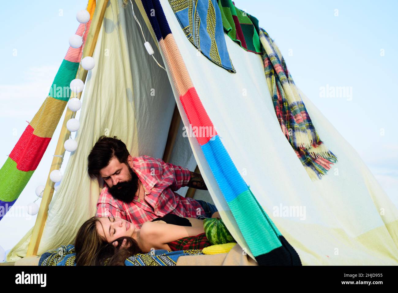 Romantic couple camping on spring landscape. Adventure for young lovers ...