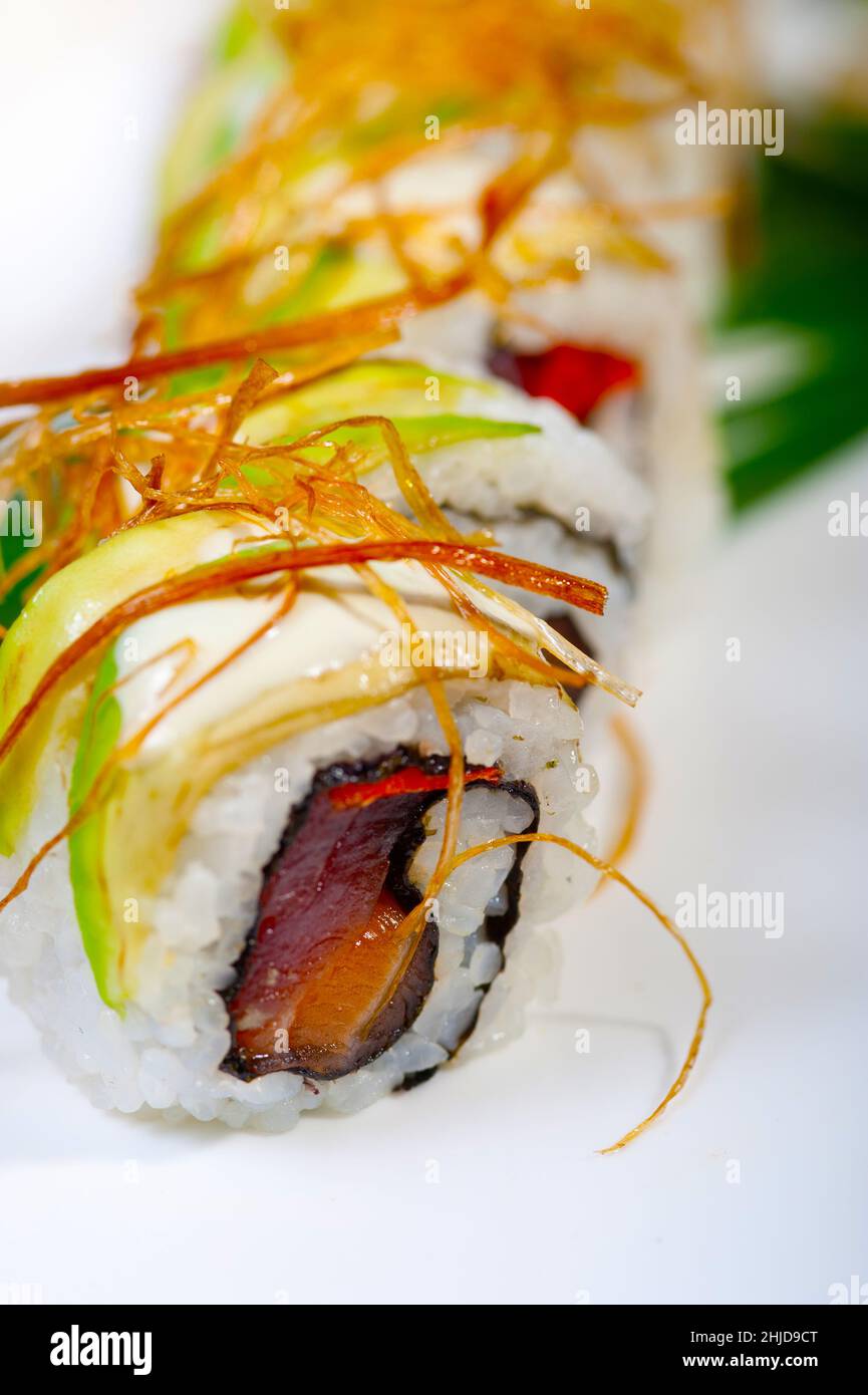 macro closeup of fresh sushi choice combination assortment selection ...