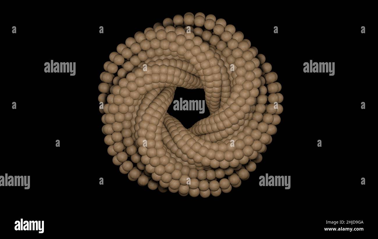 3D Render. Beautiful abstract twisted torus made of wood balls rotates ...