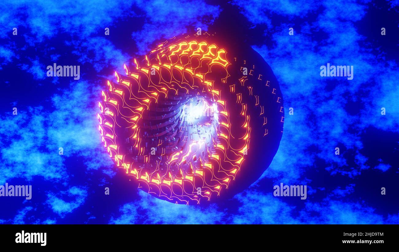 3D Render. Beautiful abstract twisted torus made of wood balls rotates ...