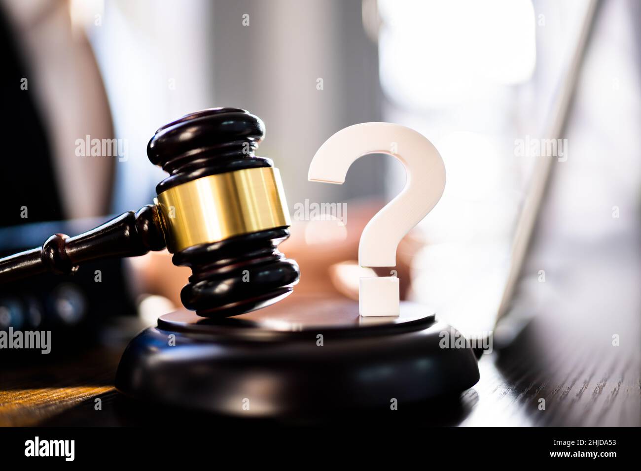 Legal Tech In Court. Justice Gavel And Question Sign Stock Photo - Alamy