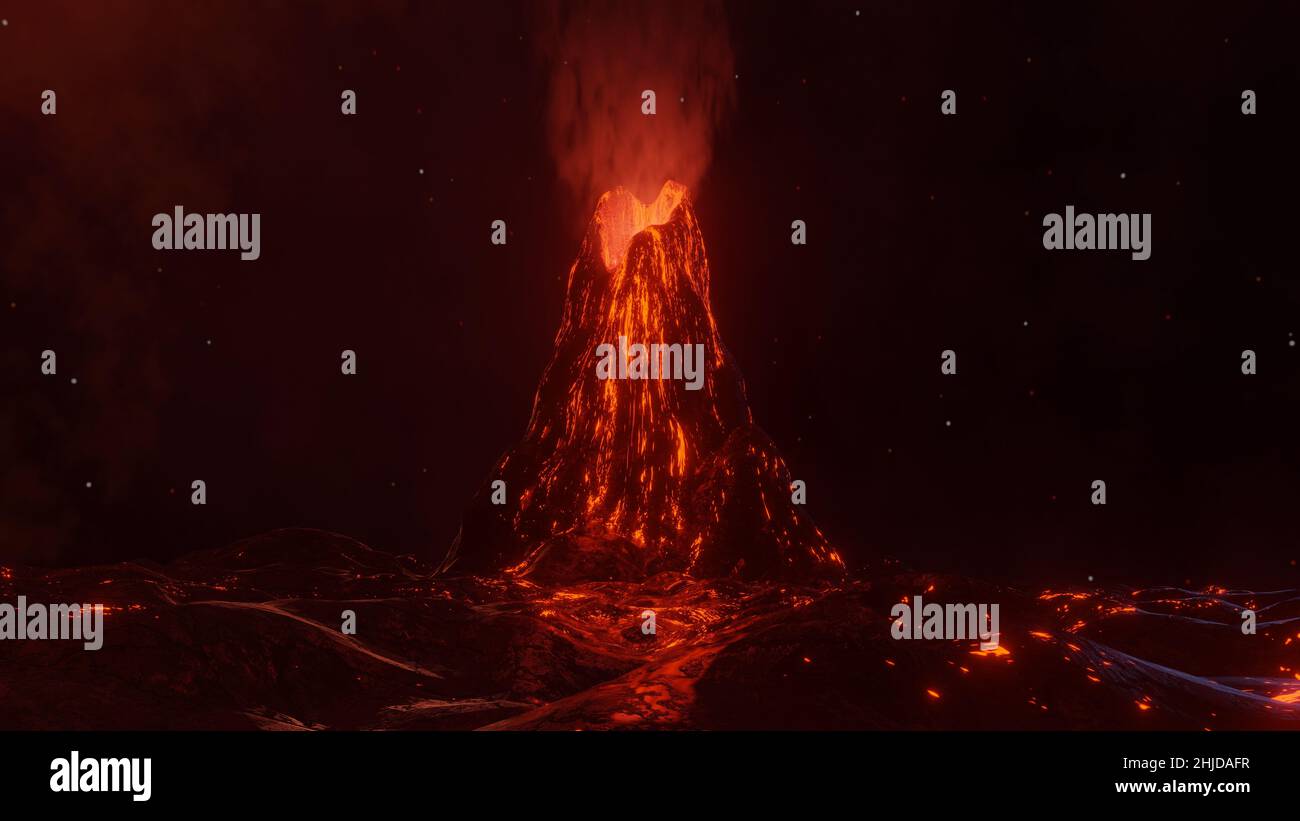 3d Render. A large volcano eruption hot lava and gases into the ...