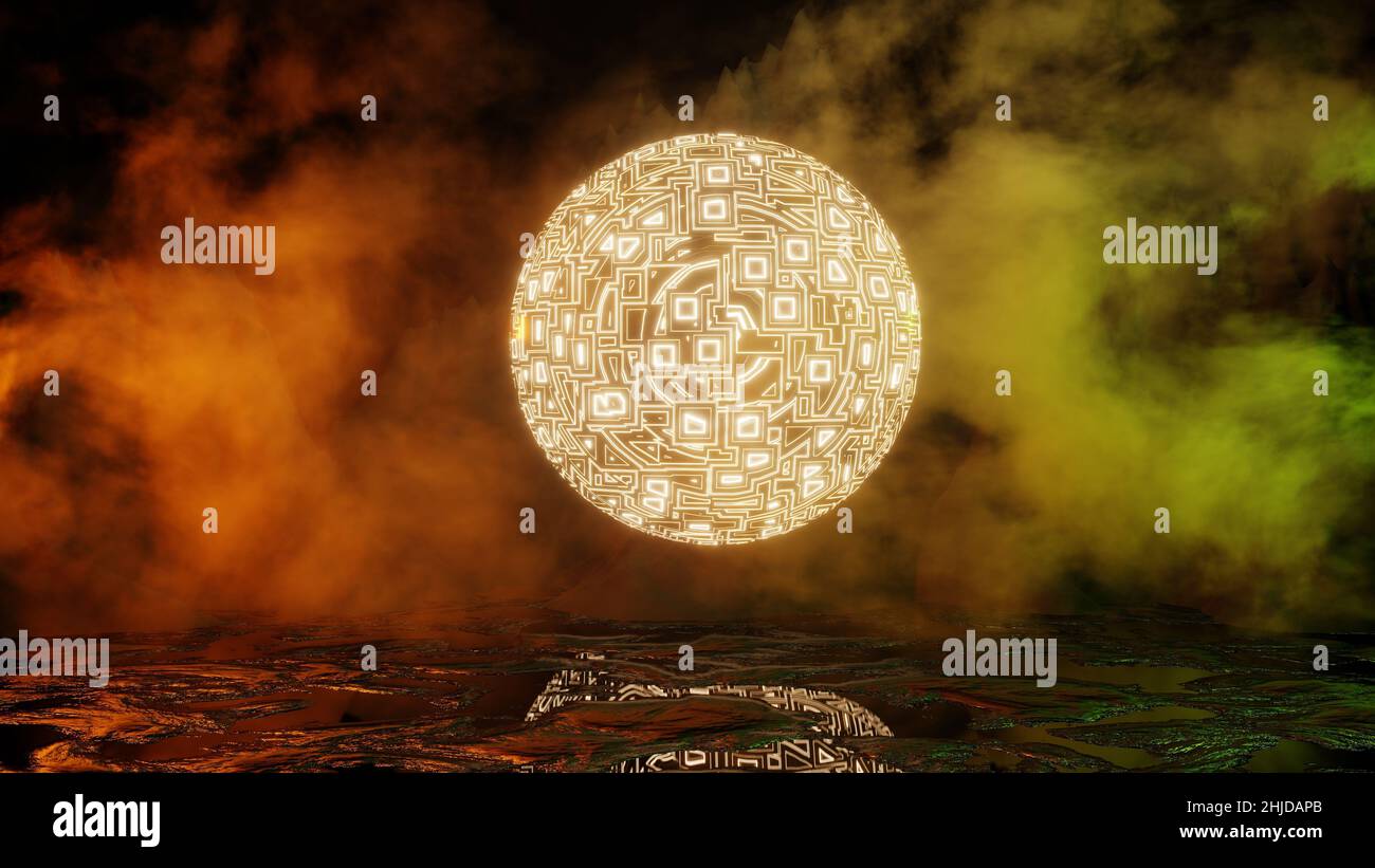 3D rendering. Sci Fi modern futuristic bright hologram space planet ...