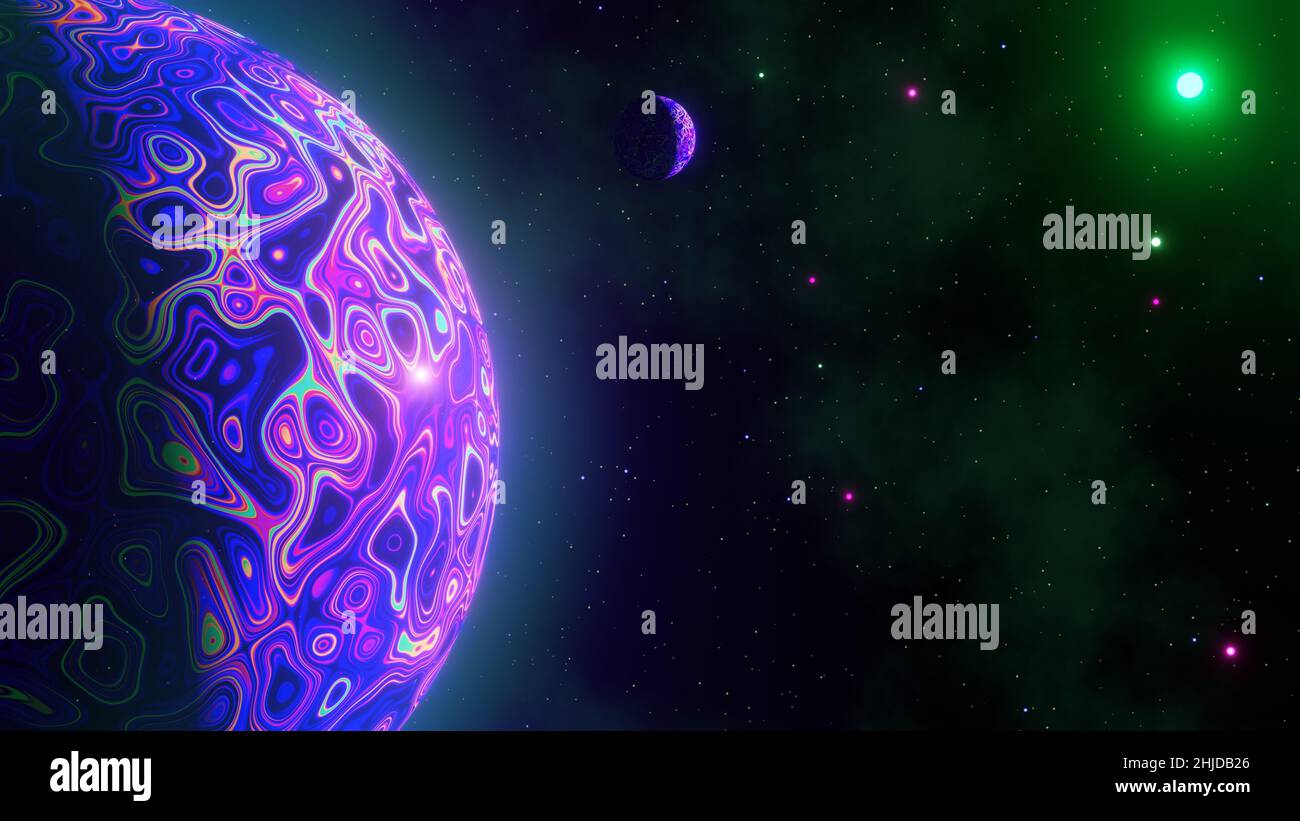 Virtual reality space with abstract multicolor psychedelic planet ...