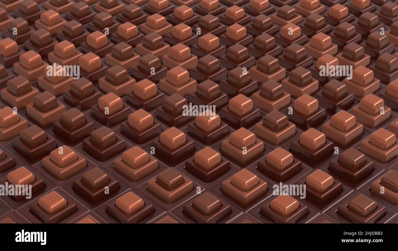 3d render. Dark plastic chocolate brown cubic surface in wave motion ...