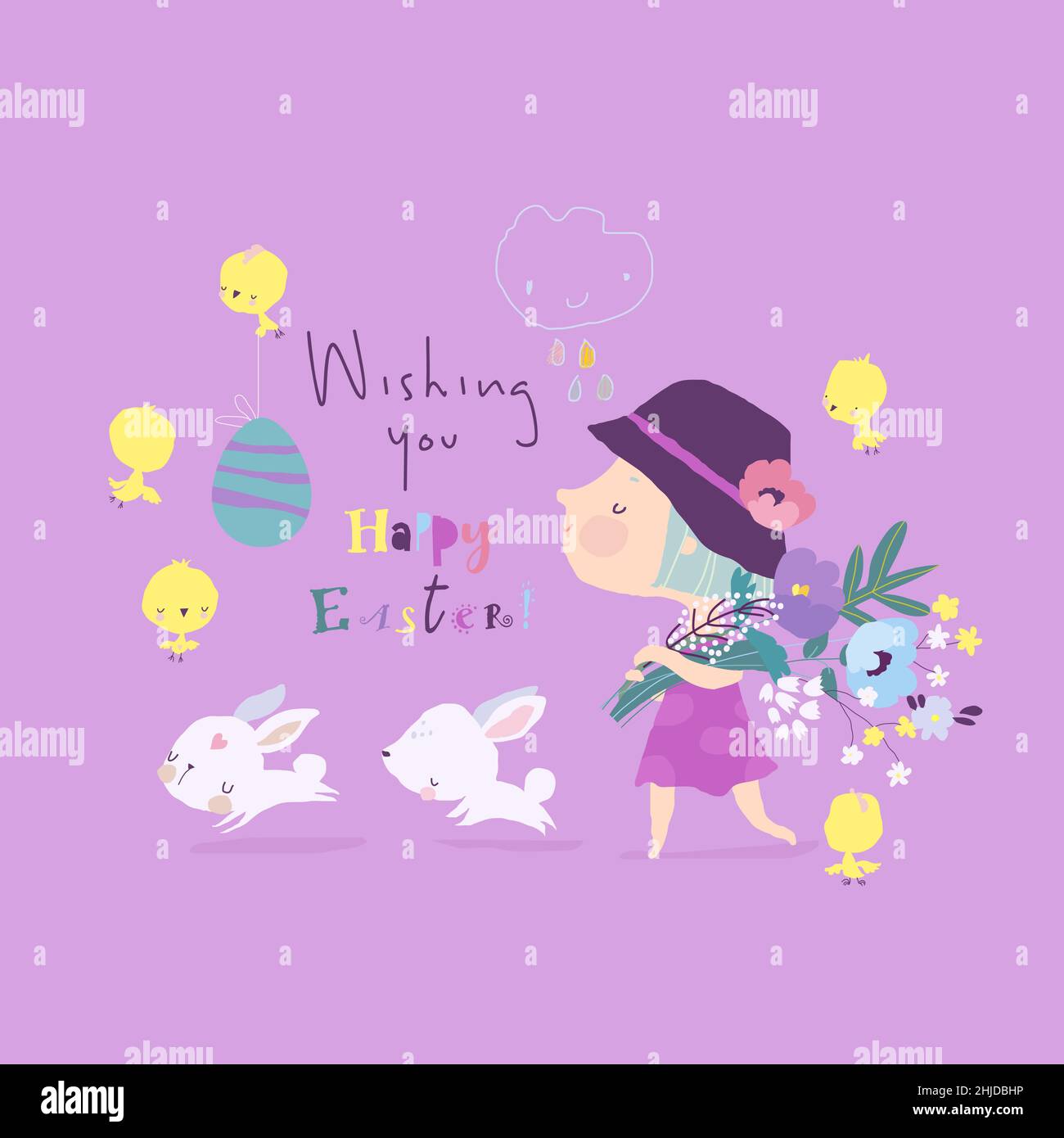 Cute Cartoon Girl with Floral Bouquet and Easter Rabbits Stock Vector ...
