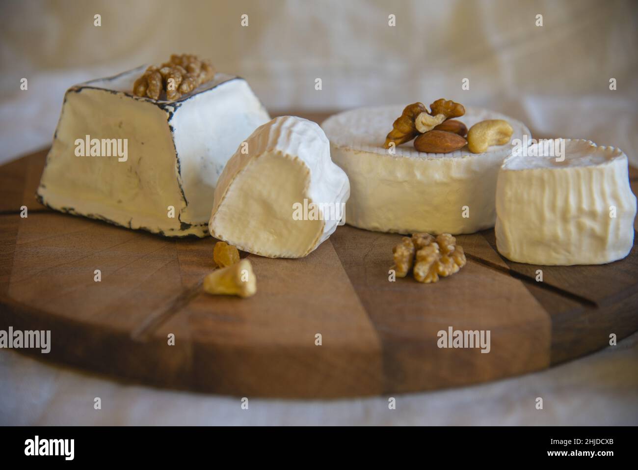 Several types of cheeses in a noble white mold on a round cutting board ...