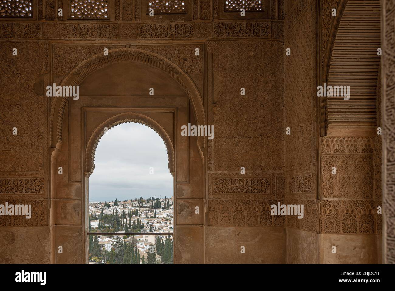 Decorated detail of interior walls of the Alhambra palace. In the ...