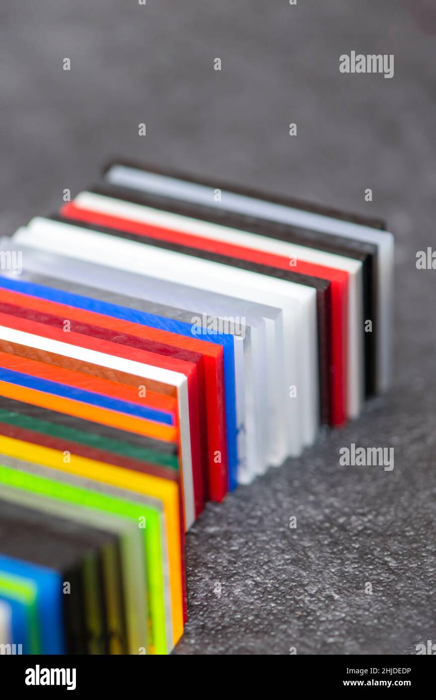 Multi-colored samples of organic glass. Colorful acrylic sheets plastic ...