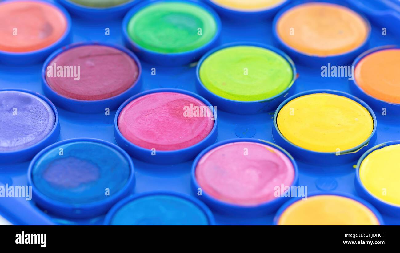 Palette of watercolor paints macro photography. Multicolored paints ...