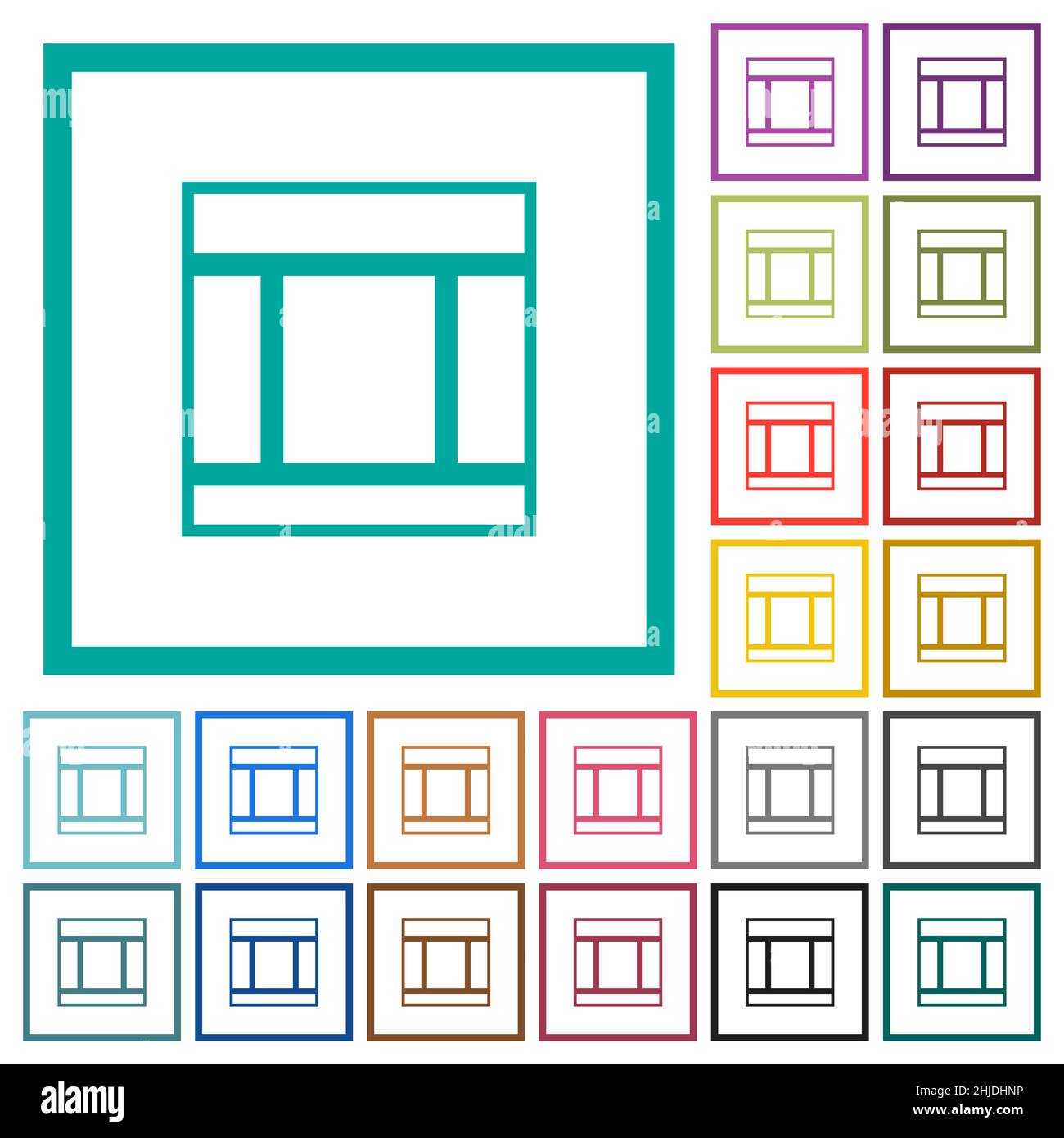 Three columned web layout outline flat color icons with quadrant frames ...
