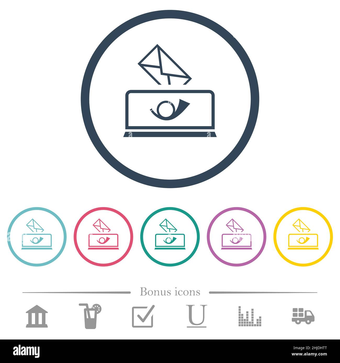 Sending mail outline flat color icons in round outlines. 6 bonus icons ...