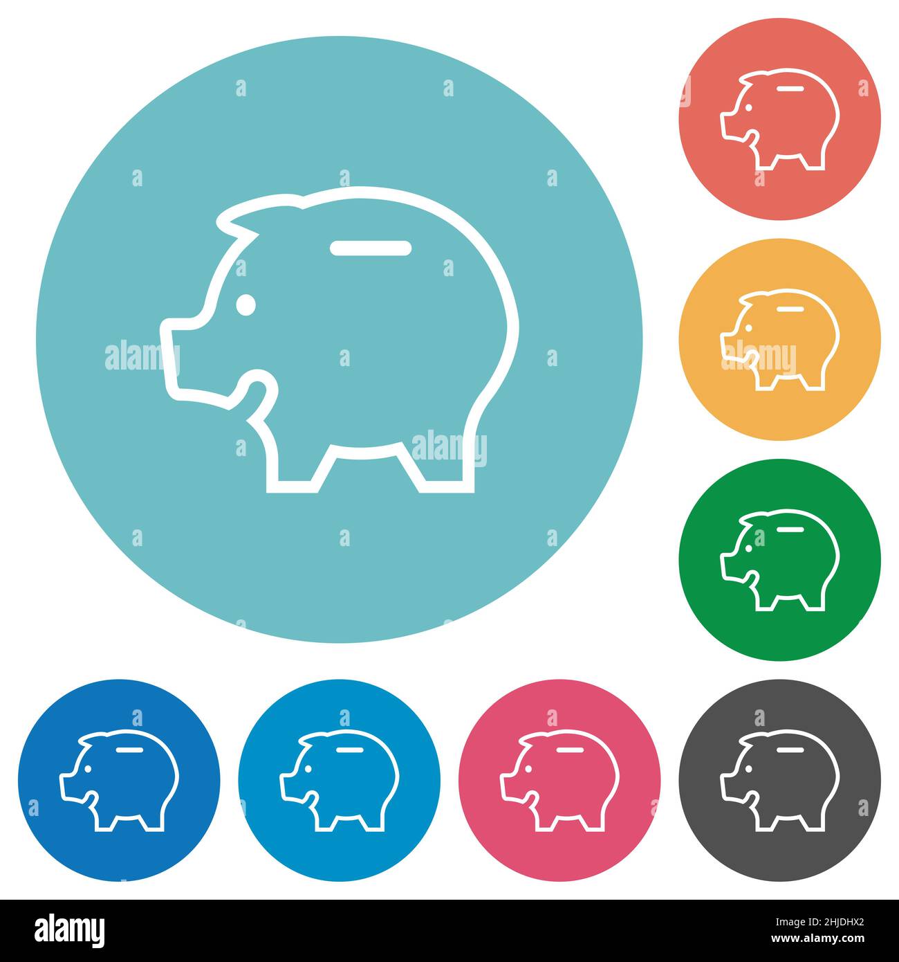 Left facing piggy bank outline flat white icons on round color ...