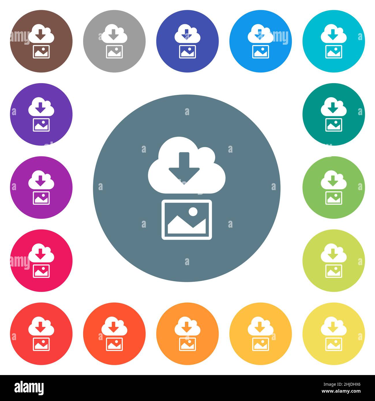 Download image from cloud solid flat white icons on round color ...