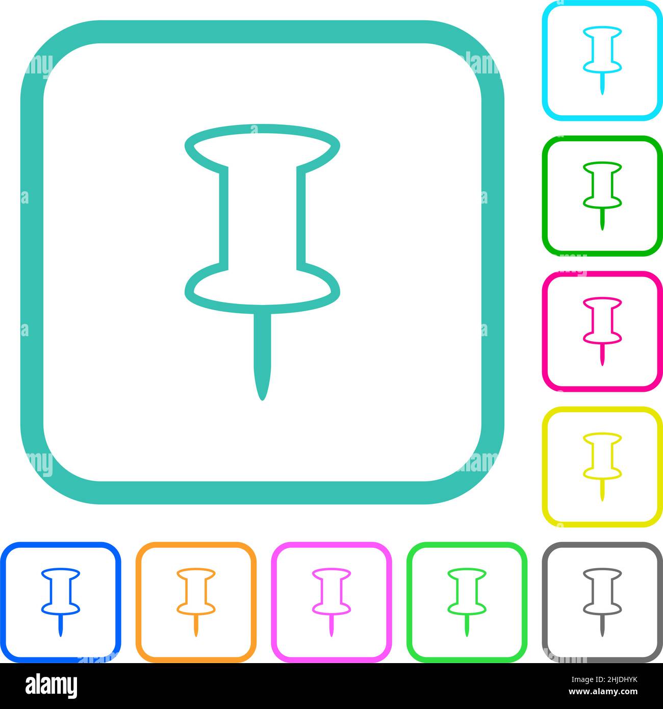 Push pin outline vivid colored flat icons in curved borders on white ...