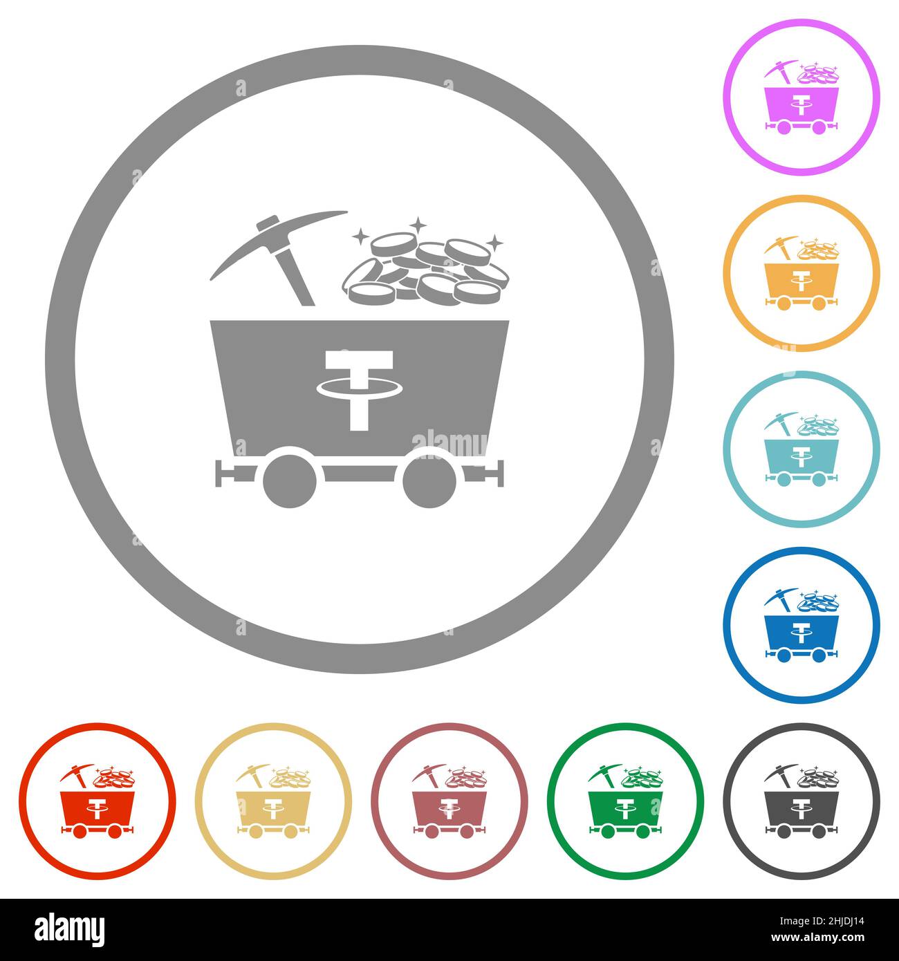 Tether cryptocurrency mining with treasure flat color icons in round ...