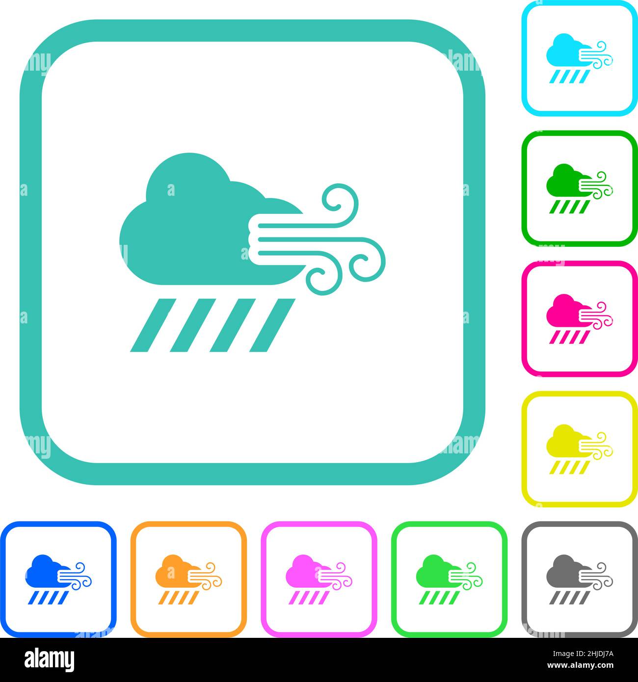 Windy and downpour weather vivid colored flat icons in curved borders ...