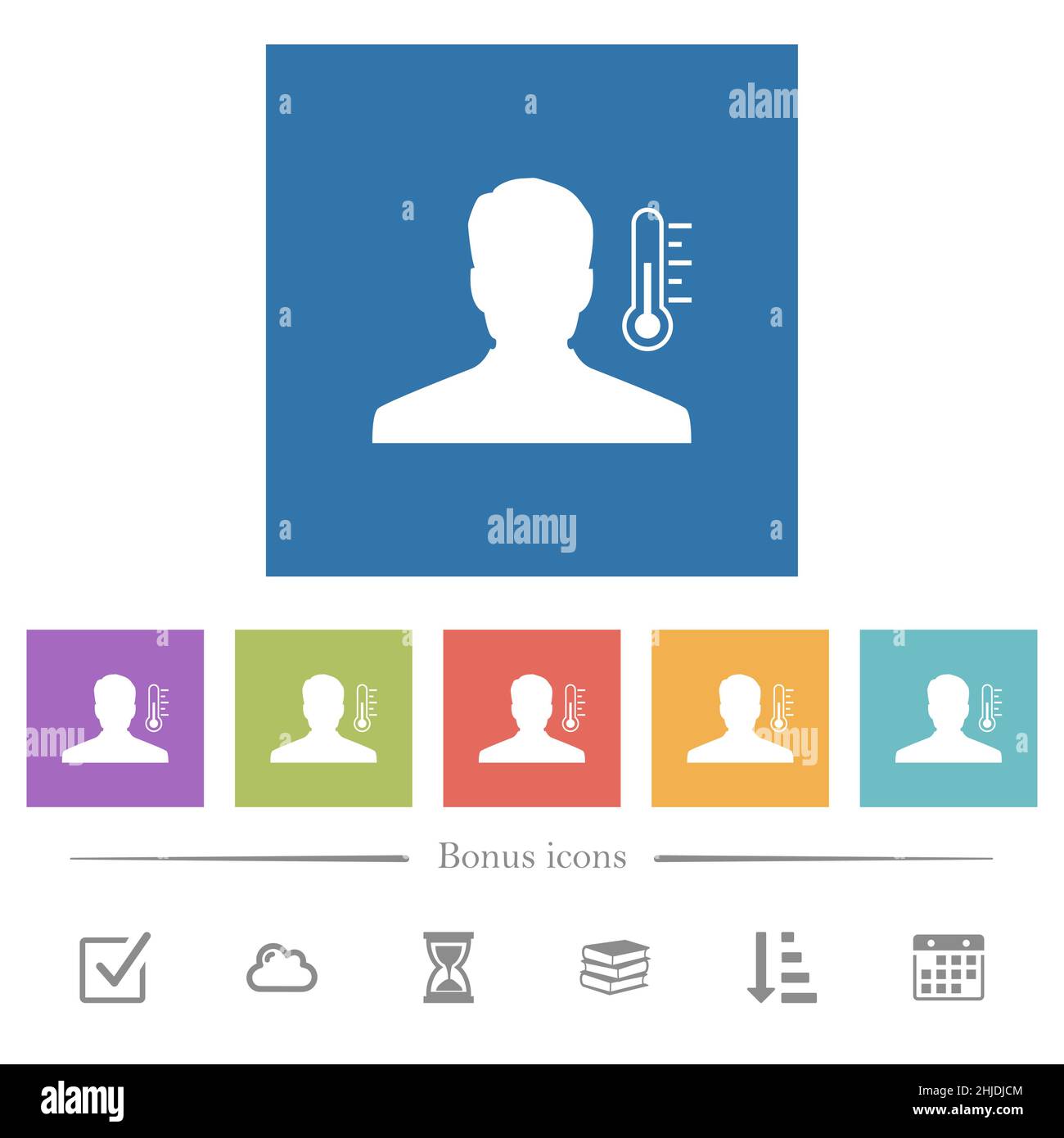Fever measurement flat white icons in square backgrounds. 6 bonus icons ...