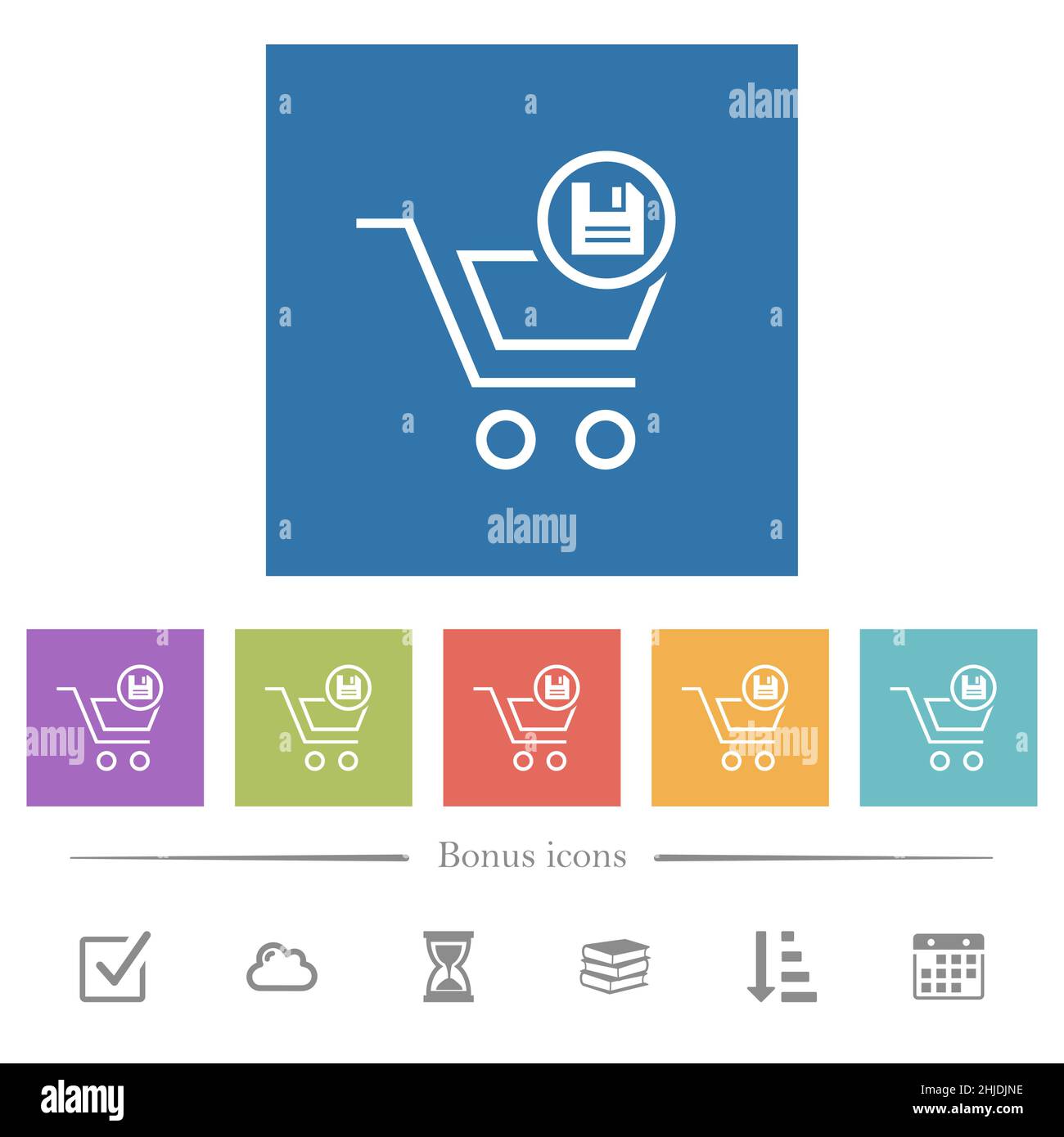 Cart save outline flat white icons in square backgrounds. 6 bonus icons ...