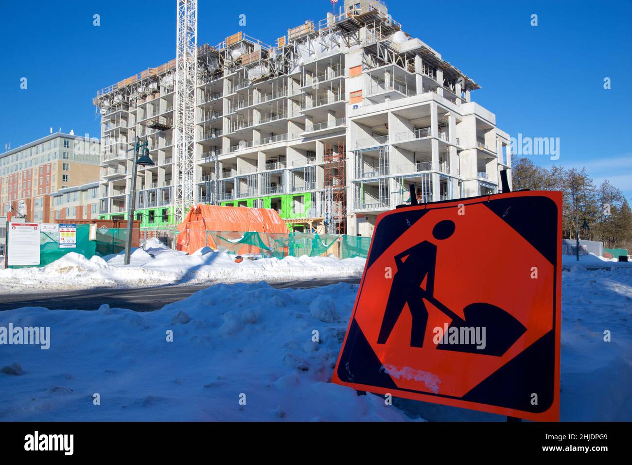 Warning sign in construction site with focus on the foreground Stock ...