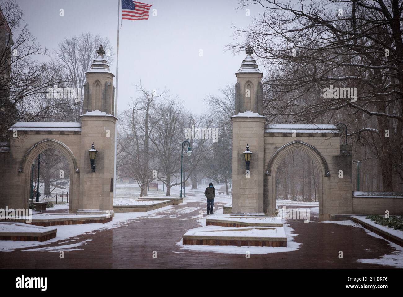 BLOOMINGTON, UNITED STATES - 2022/01/28: Snow falls at the Sample Gates ...