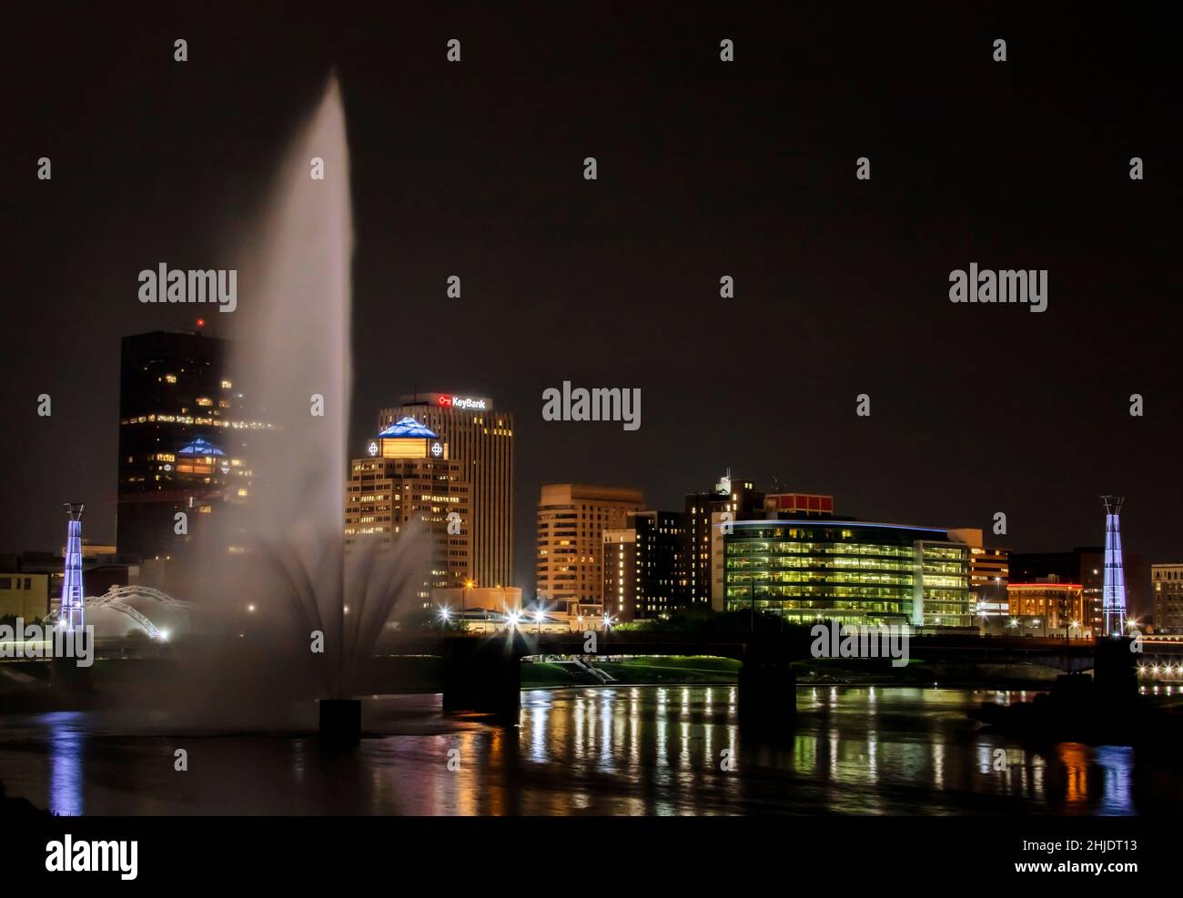 Water fountains are in the river at the confluence of the Mad River and ...