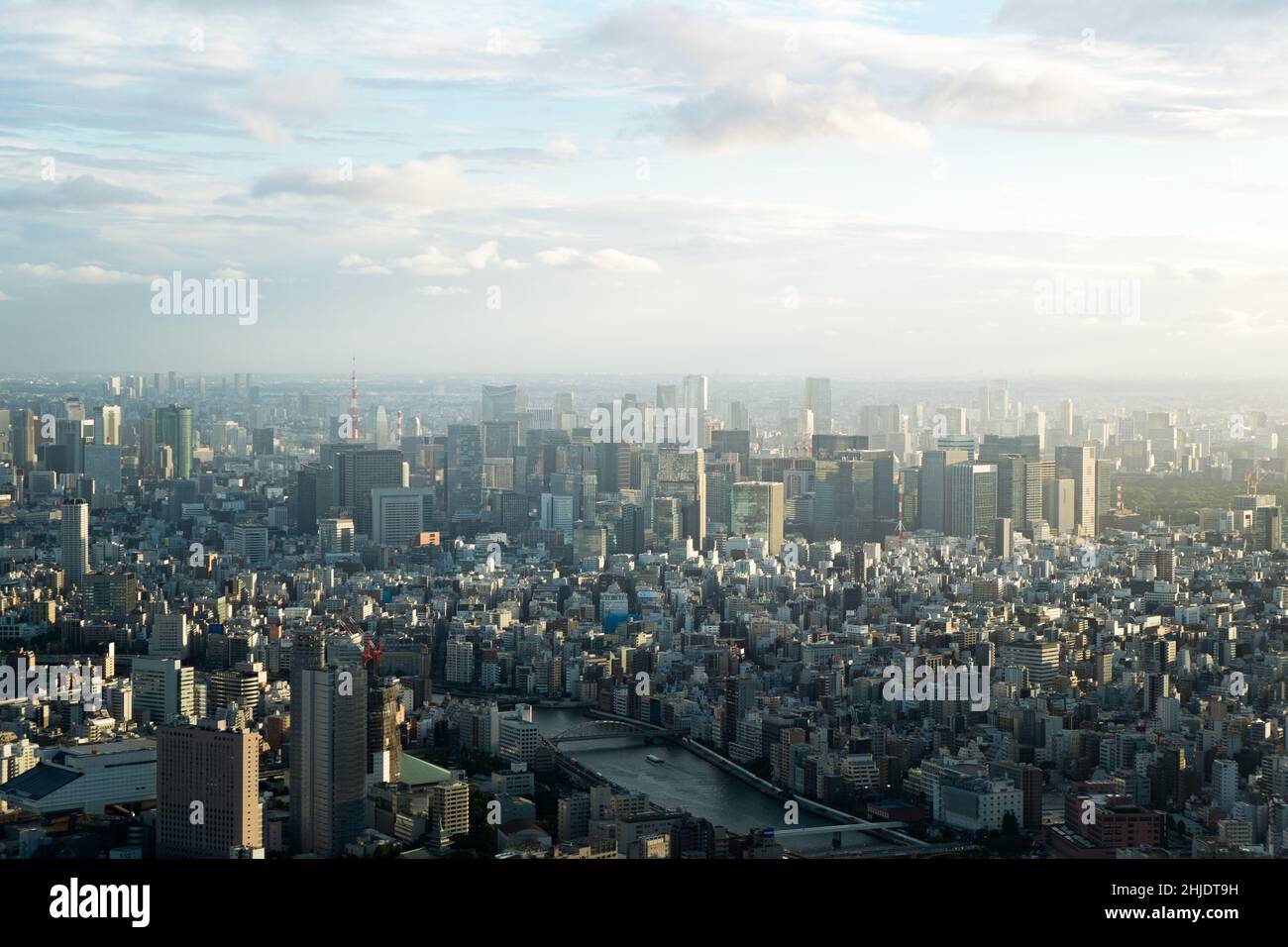 Cityscape of Tokyo from above in the afternoon with sun rays shining on ...