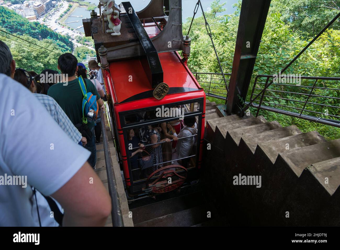 Red mountain cable car at Mount Fuji Panoramic Ropeway in ...