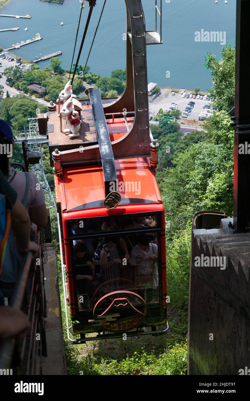 Red mountain cable car at Mount Fuji Panoramic Ropeway in ...