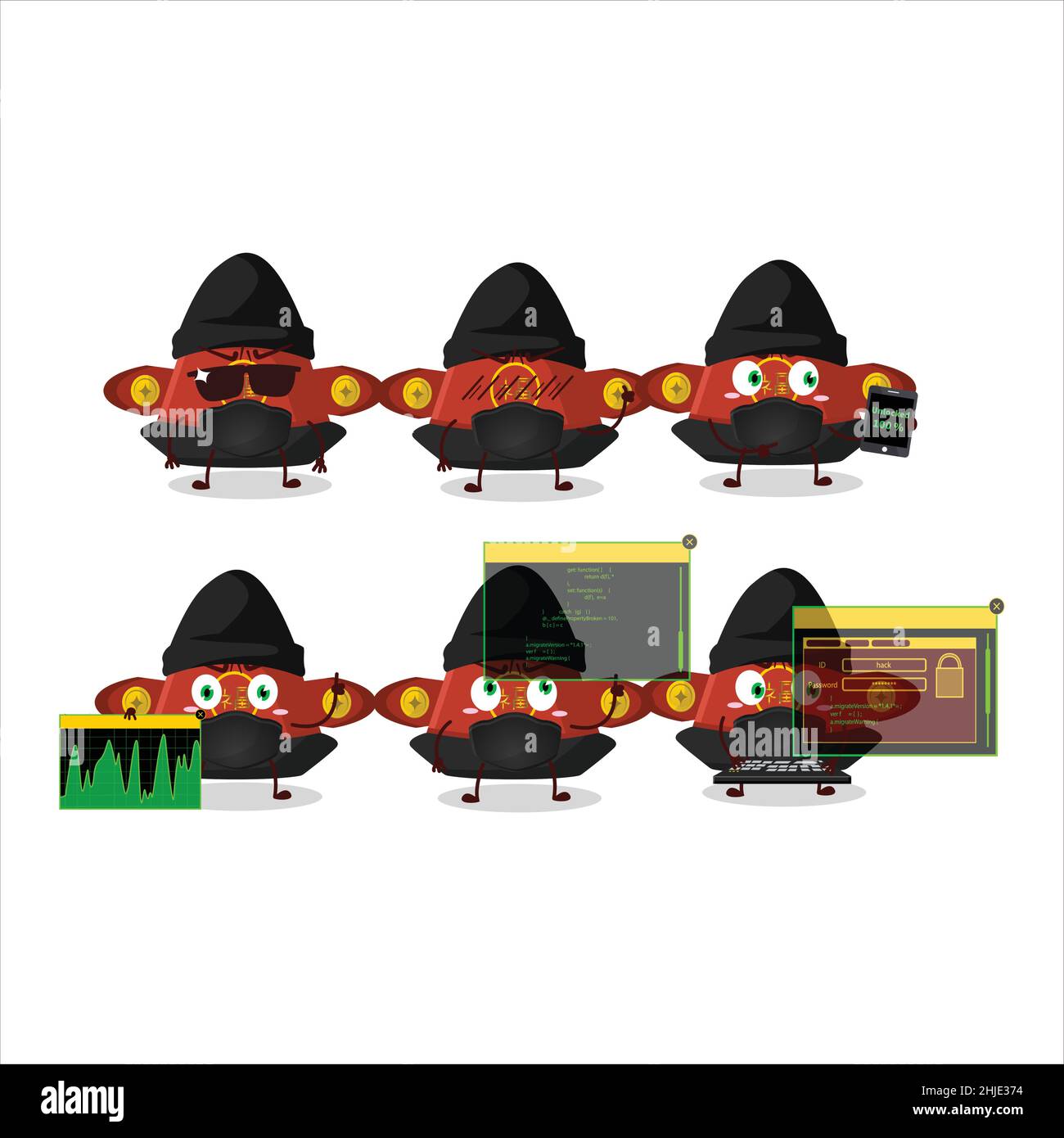 A Hacker red chinese hat character mascot with. Vector illustration ...
