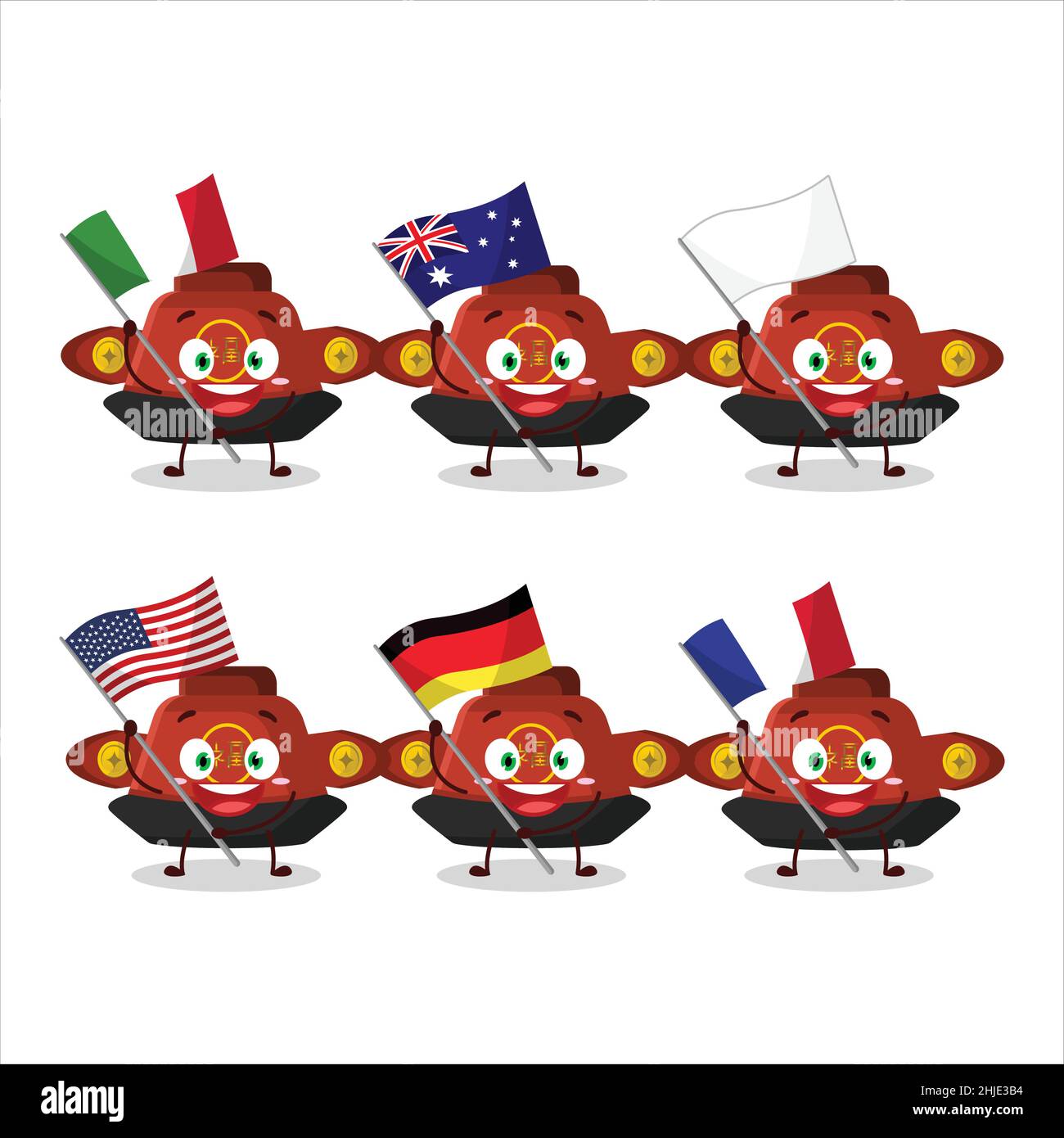 Red chinese hat cartoon character bring the flags of various countries ...
