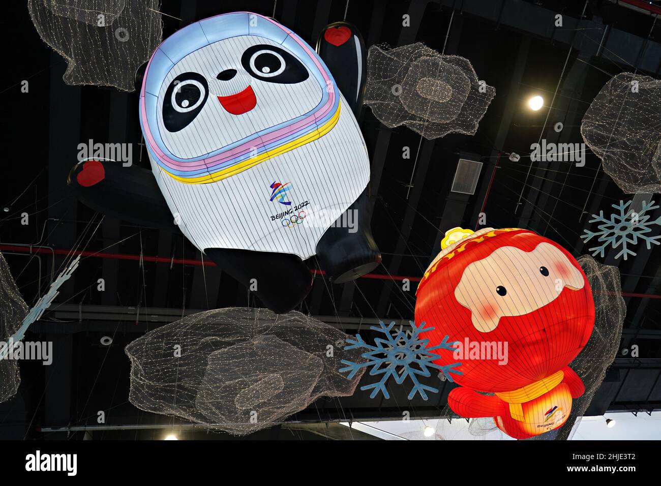 Beijing, China. 28th Jan, 2022. Giant lanterns of Olympic mascots Shuey Rhon Rhon and Bing Dwen ...