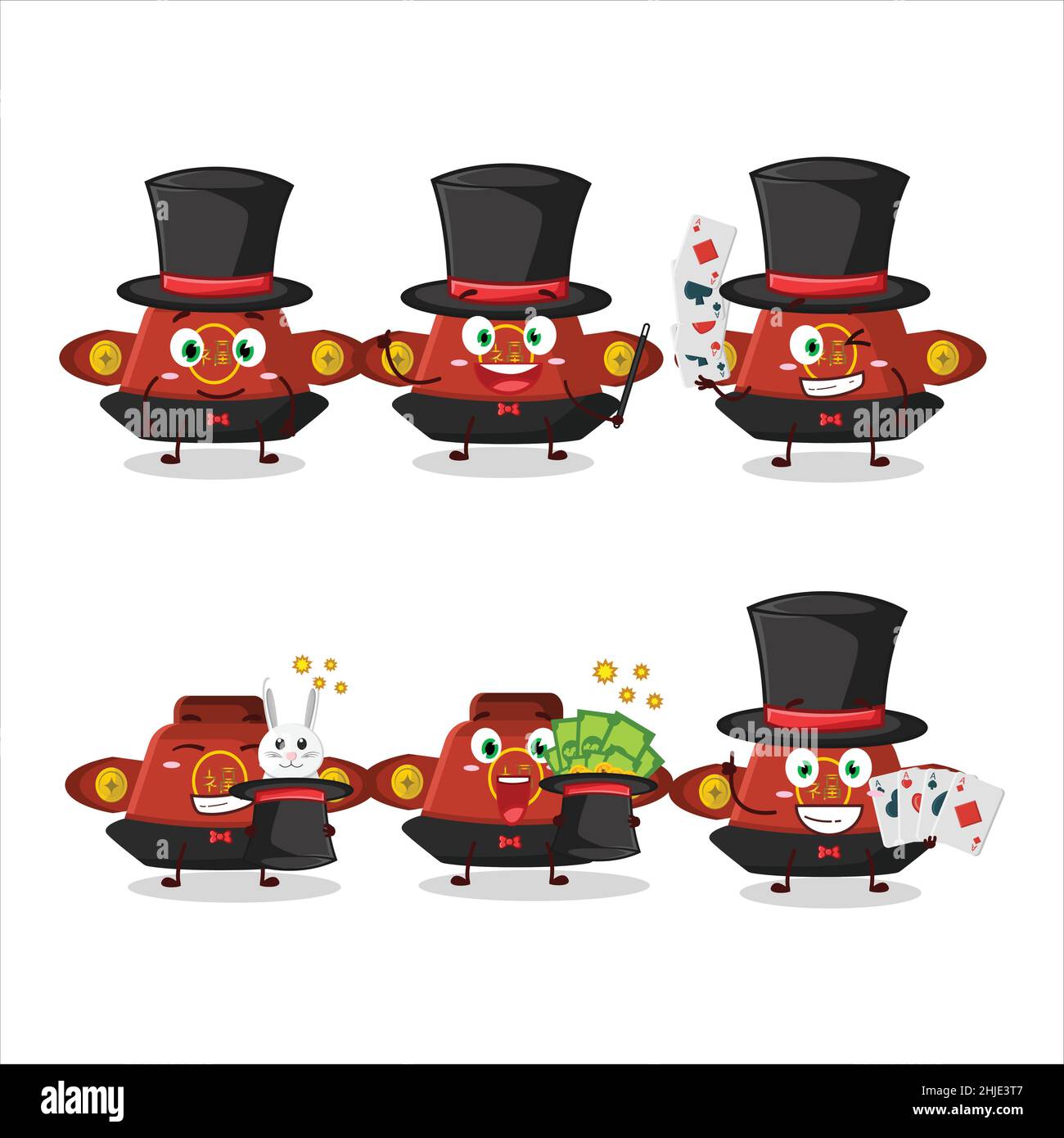 A red chinese hat Magician cartoon character perform on a stage. Vector ...