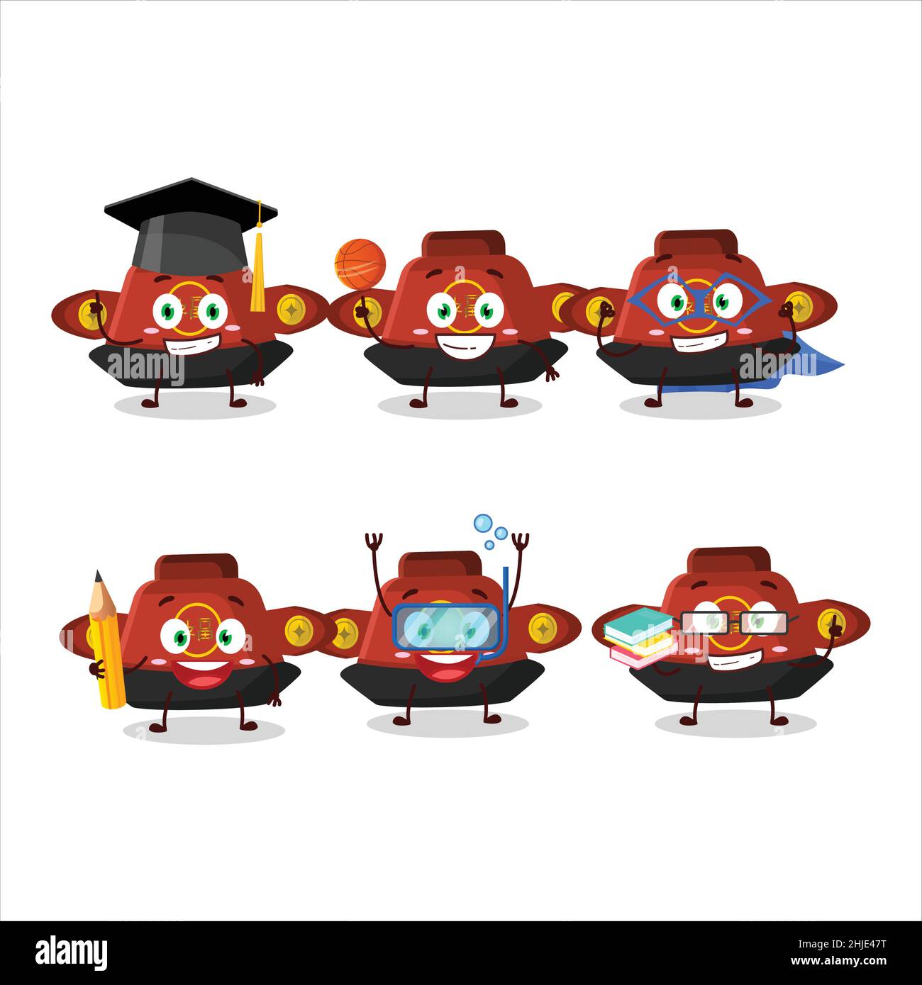 School student of red chinese hat cartoon character with various ...