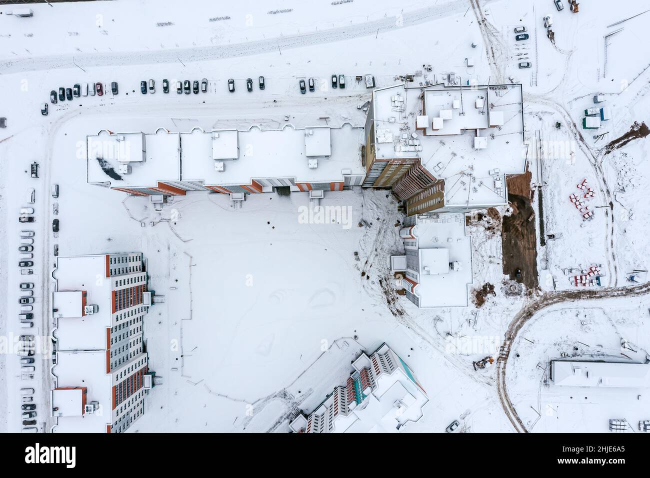 overhead view of high-rise residential buildings in winter. aerial ...
