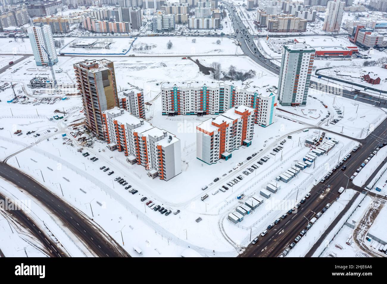 aerial panoramic view of apartment buildings complex in residential ...