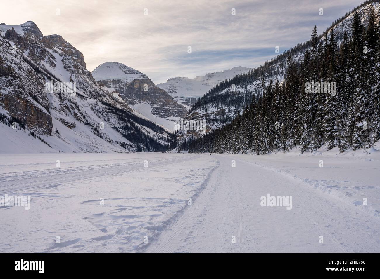 Lake Louise frozen in winter. Beautiful scenery in Banff National Park ...